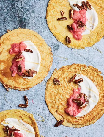 Crepes With Coconut Yoghurt, Rhubarb & Orange Compote & Toasted Pecans ...
